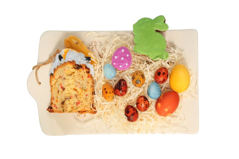 Easter Cake, Cookies and Painted Eggs in Ceramic Tray. Isolate on a ...