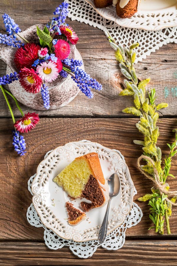 Easter Cake, Cup Of Coffee And Spring Flowers Stock Photo - Image of ...