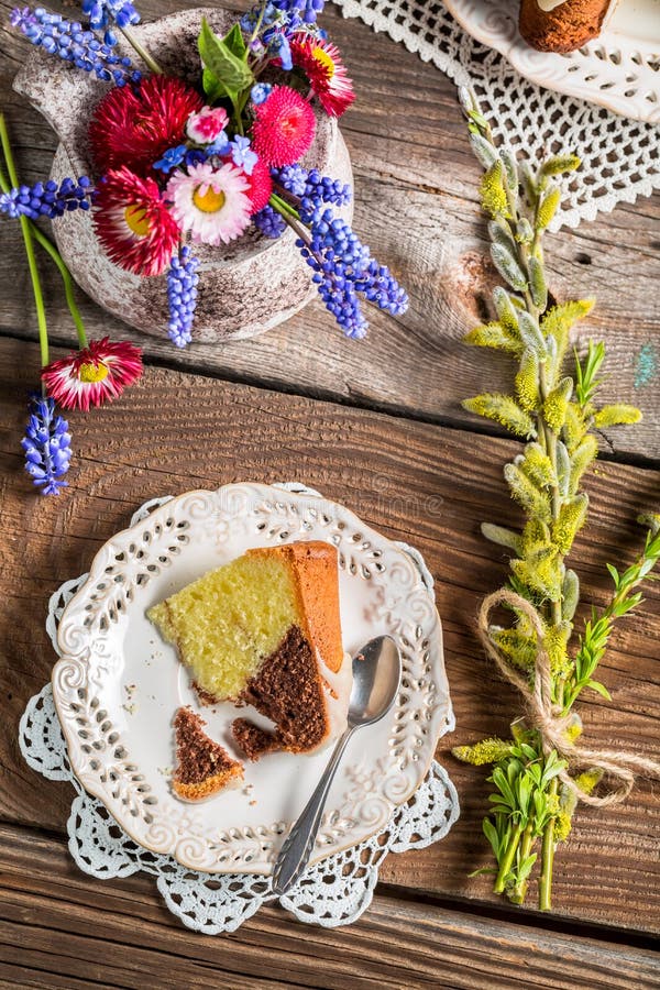 Easter Cake, Cup Of Coffee And Spring Flowers Stock Photo - Image of ...