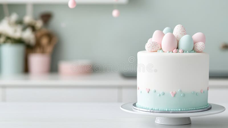 Easter Cake Display, Beautiful Pastel Easter Cakes on a White Table in ...
