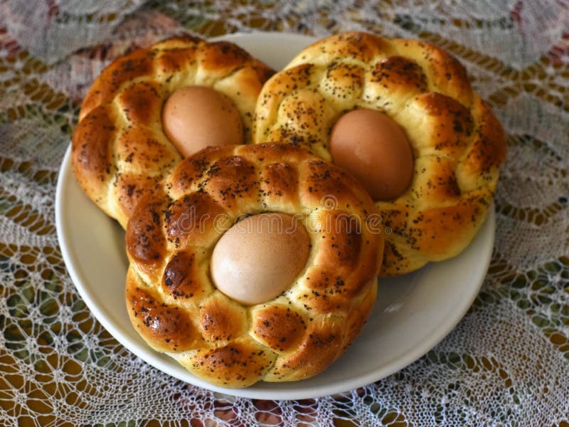Traditional Easter Buns Decorated with Eggs and Poppy Seeds. Baking ...