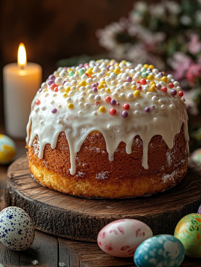 Easter Cake with Icing and Sprinkles, Surrounded by Easter Eggs. Stock ...