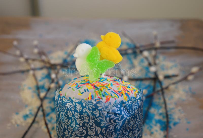 Easter Cake (kulich)decorated with White Sugar Icing and Yellow Duck ...
