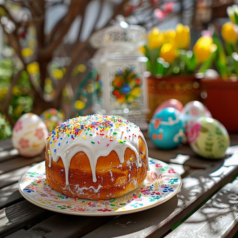 Easter Cake with Painted Easter Eggs and Flowers. the Image Was Created Using Artificial ...
