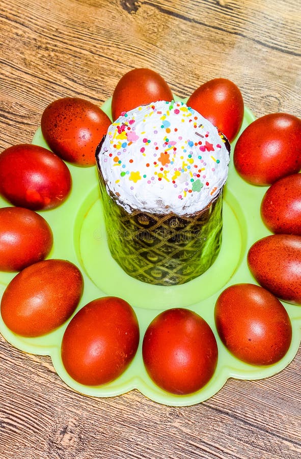 Easter Cake and Painted Red Easter Eggs. Food for the Easter Stock ...