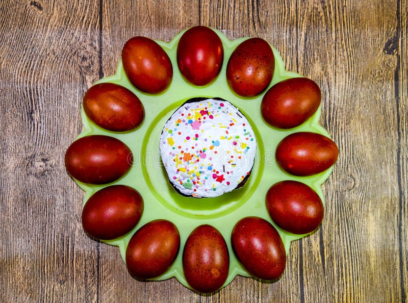Easter Cake and Painted Red Easter Eggs. Food for the Easter Table ...