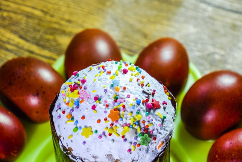 Easter Cake and Painted Red Easter Eggs. Food for the Easter Table ...
