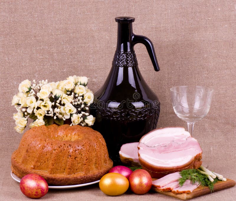 Easter Cake and Pork Loin Dish with Easter Eggs Stock Image - Image of ...