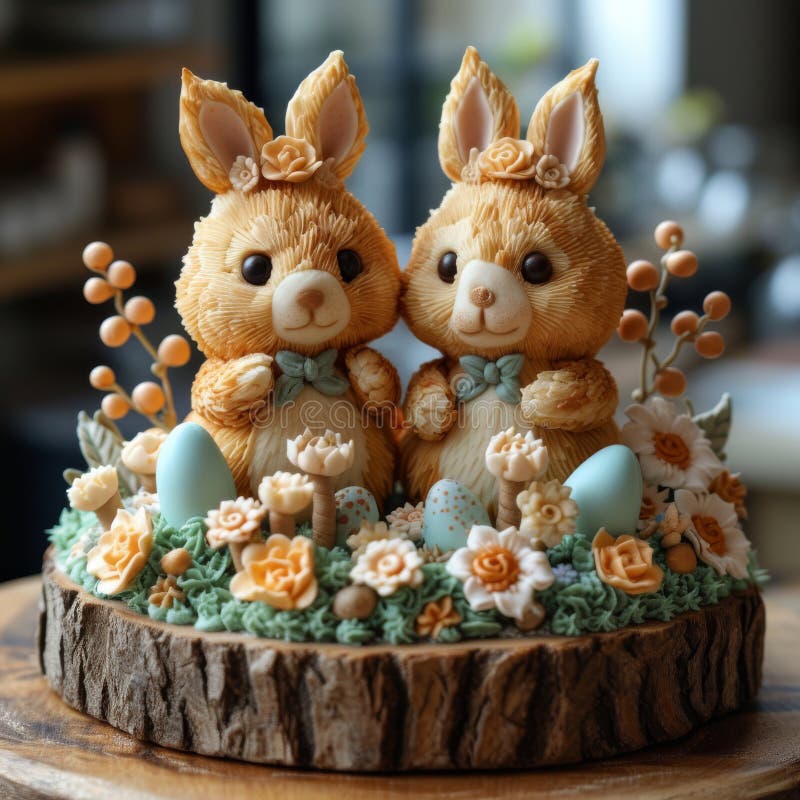 Easter Cake in the Shape of Two Rabbits and Eggs on Wooden Stand Stock ...