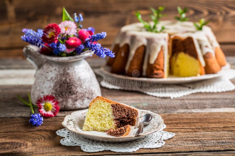 Easter Cake, Cup of Coffee and Spring Flowers Stock Photo - Image of ...