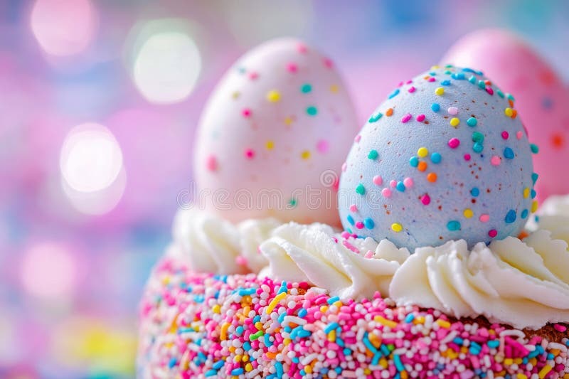 An Easter Cake, Zoomed in, Decorated with Icing Designs, Sprinkles, and ...