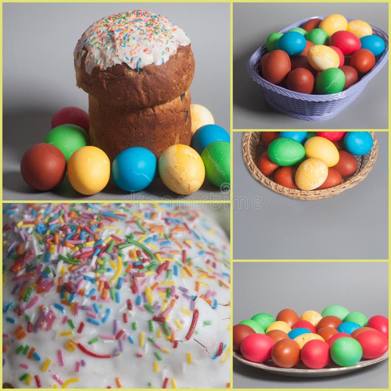 Easter Cakes and Colored Eggs Collage Stock Image - Image of basket ...