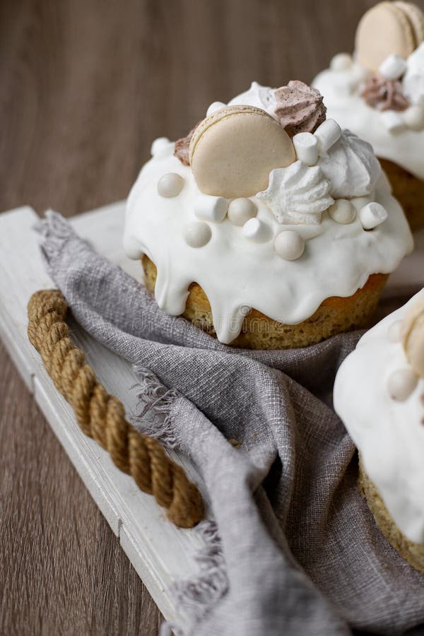 Easter Cakes are Covered with White Icing and Decorated Stock Image ...