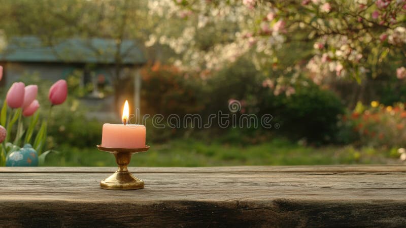 Easter Candle Decor, Vintage Brass Holder Holds Easter Candle on Wooden ...