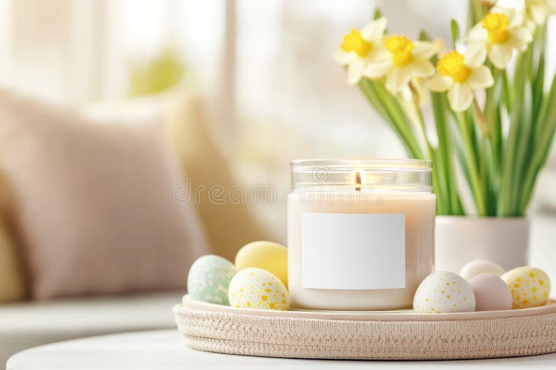 Easter Candle Jar Mockup with Blank Label among Spring Decorations for ...