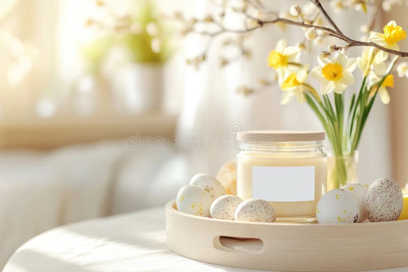 Easter Candle Jar Mockup with Blank Label among Spring Decorations for ...