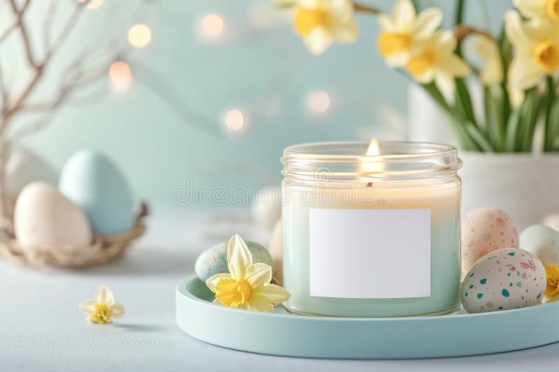 Easter Candle Jar Mockup with Blank Label among Spring Decorations for ...