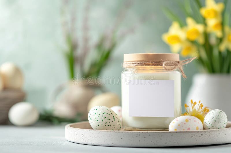 Easter Candle Jar Mockup with Blank Label among Spring Decorations for ...