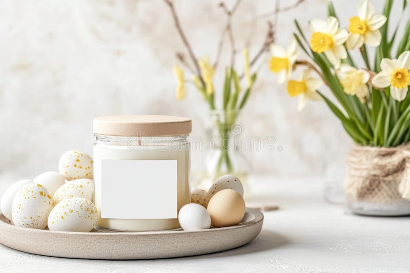 Easter Candle Jar Mockup with Blank Label among Spring Decorations for ...