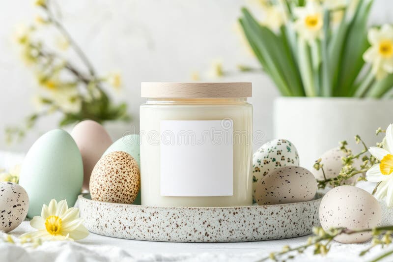 Easter Candle Jar Mockup with Blank Label among Spring Decorations for ...
