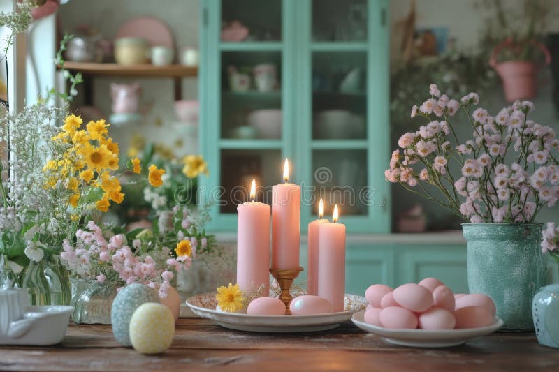 Easter Candle Display, Easter Candle and Pastel Decor on a Wooden Table, Cozy Living Room ...