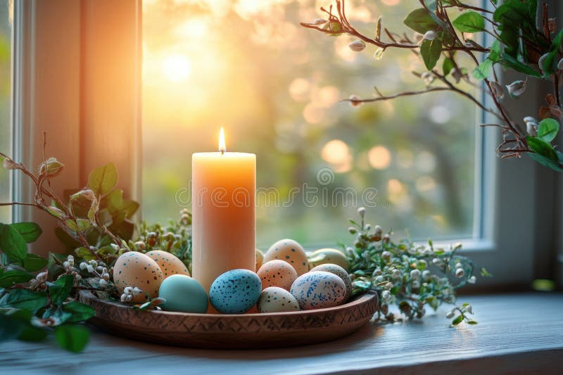 Easter Candle Display, Easter Candle on Tray in Sunny Room, Surrounded ...