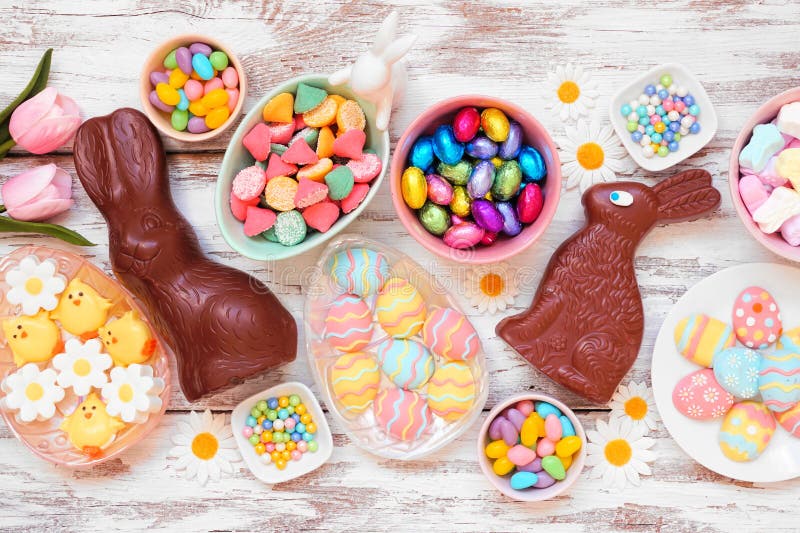 Easter Candy Bottom Border Over a Wood Banner Background Stock Image ...