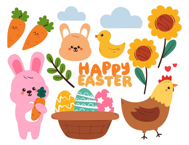 Hand Drawing Cartoon Easter Sticker Set. Cute Sticker with Bunny ...