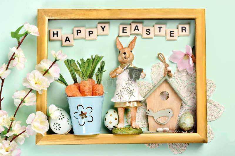 Easter Card with Bunny and Carrots Inside a Golden Frame Stock Photo ...