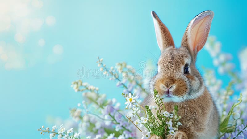 Easter Card with Bunny and Flowers, Blue Sunny Background Stock ...