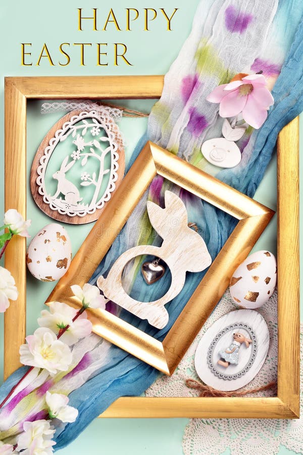 Easter Card with Bunny Shape Decor, Eggs and Flowers Inside Golden ...
