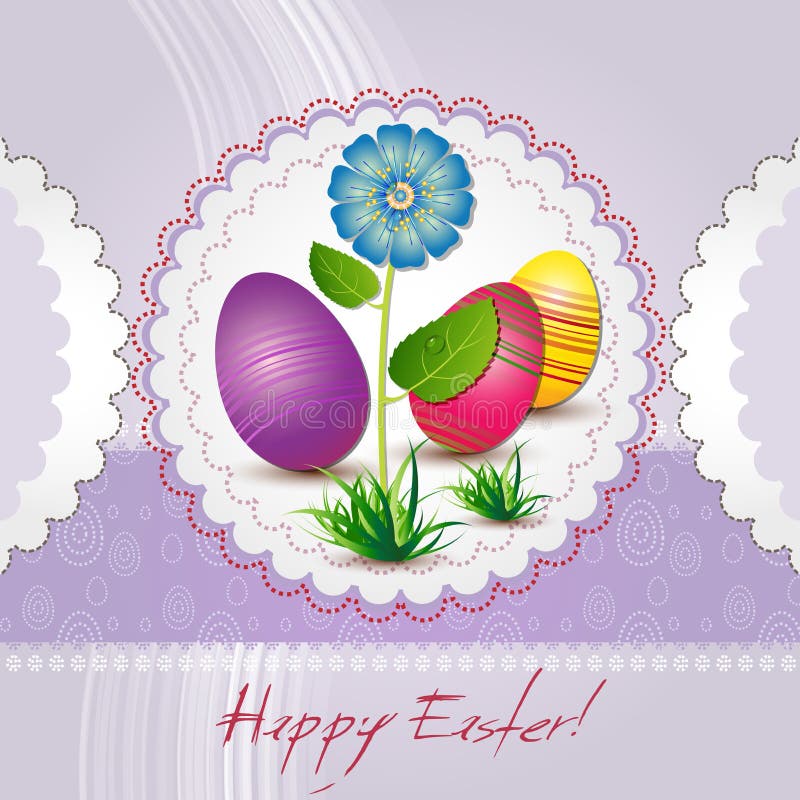 Easter Card with Colored Eggs and Blue Flower Stock Vector ...