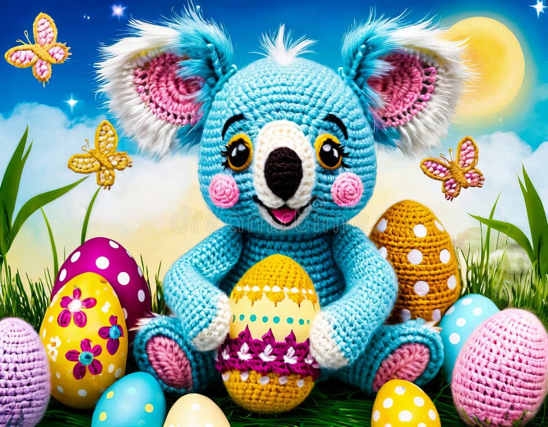 A Cute and Colorful Easter Card with Eggs and a Knitted Koala Stock ...