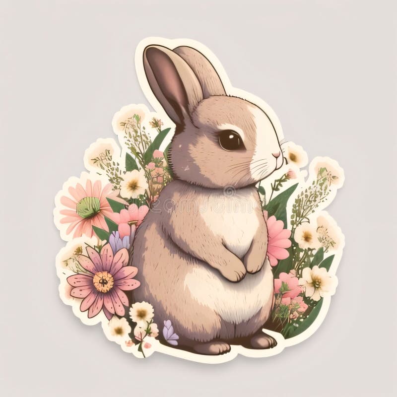 Easter Card with Cute Rabbit, Flowers and Leaves. Vector Illustration ...