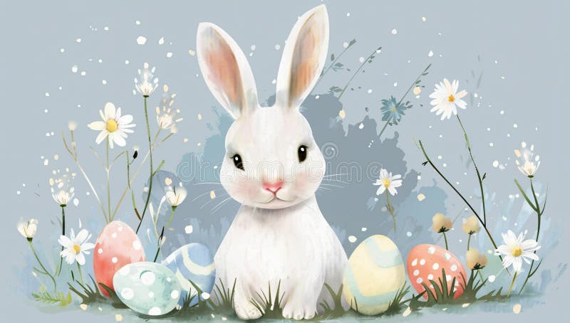 Easter Card with a Cute White Rabbit, Eggs and Spring Flowers Stock ...