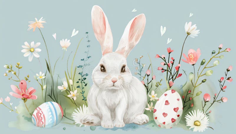 Easter Card with a Cute White Rabbit, Eggs and Spring Flowers Stock ...