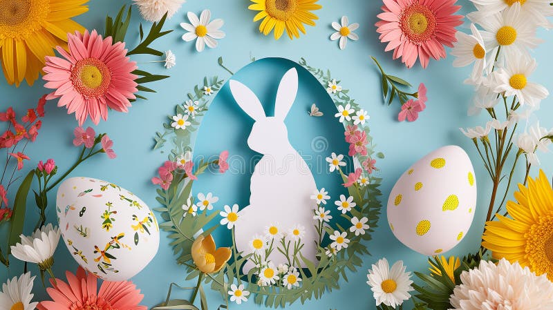 Easter Card with Egg Shaped Paper Frame with Spring Flowers on Blue Background Stock ...