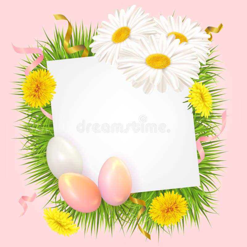 Easter Card with Eggs, Daisies, Grass and Dandelions Stock Vector ...