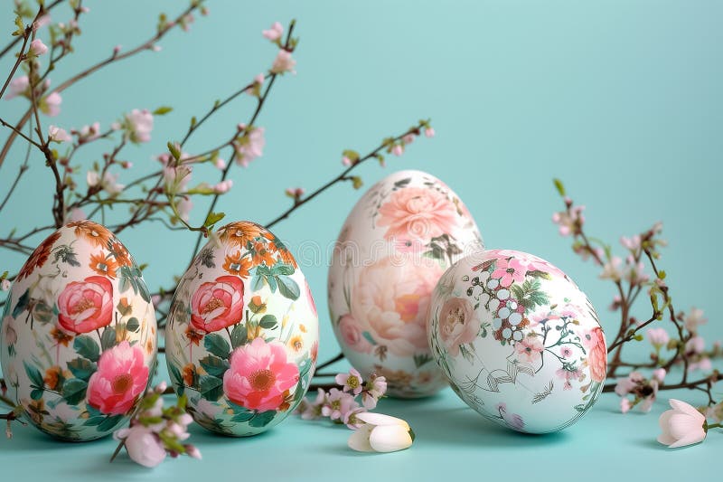 Easter Card with Easter Eggs with Flower Pattern, Spring Flowers ...