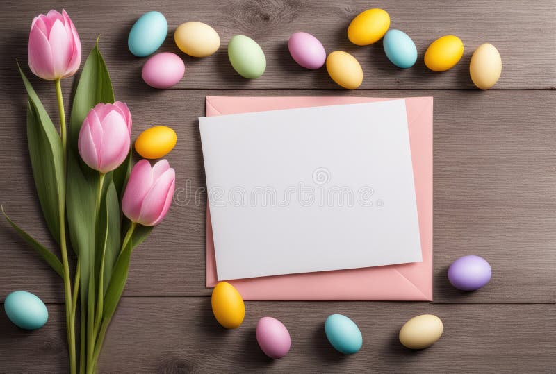 Easter Card Mockup with Flowers and Colorful Eggs Stock Image - Image ...
