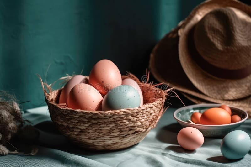 Easter Card with Multicolored Eggs in Wicker Basket Pastel Toned ...