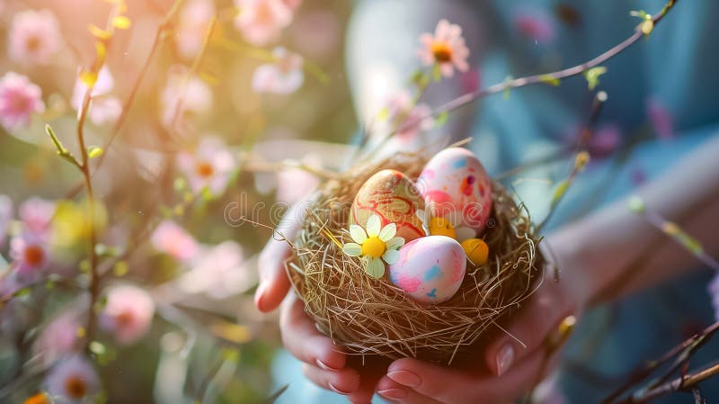 Easter Card with Painted Easter Eggs in Nest in Hands with Blossom ...