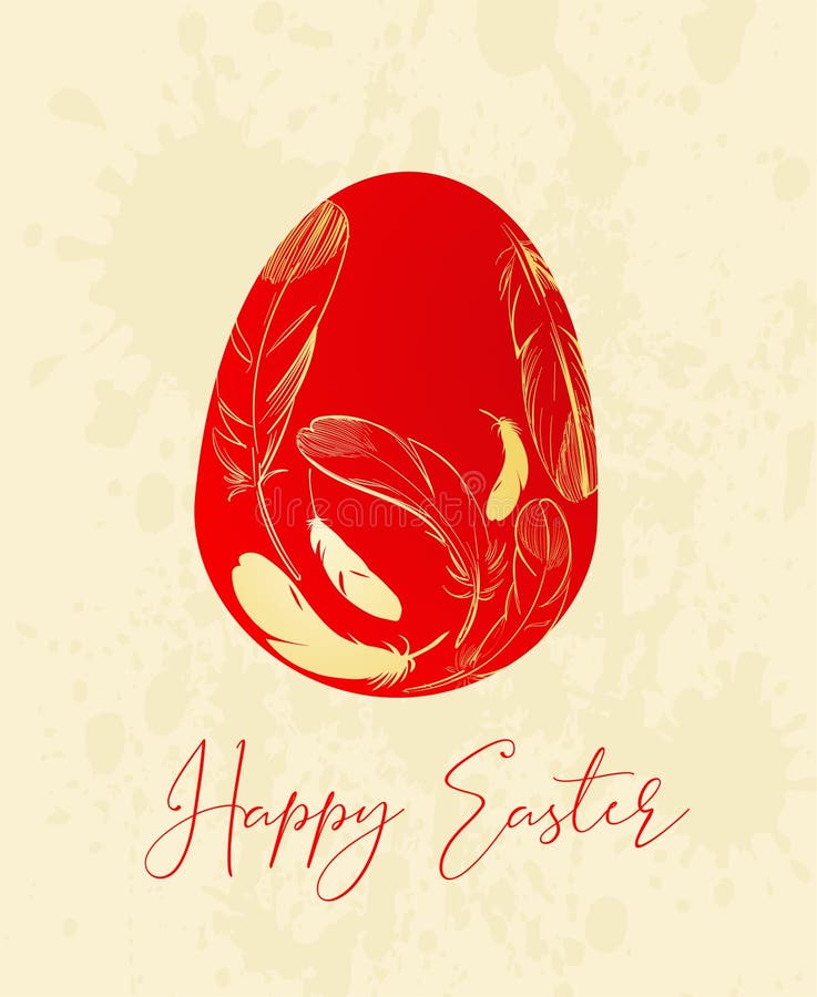 Easter Card with Red Egg, Decorated with Feathers and Happy Easter ...