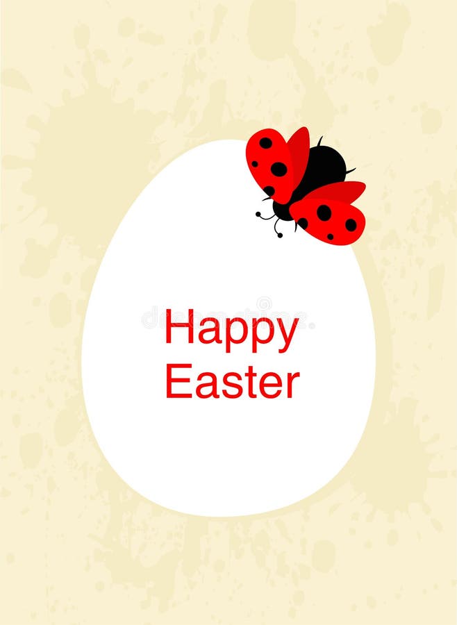 Easter Card with White Egg, Ladybug and Happy Easter Wishes on Gray ...