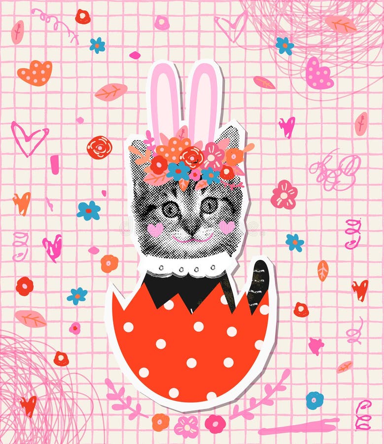 Funny Cat with Bunny Ears in an Easter Egg, Cute Collage Illustration ...