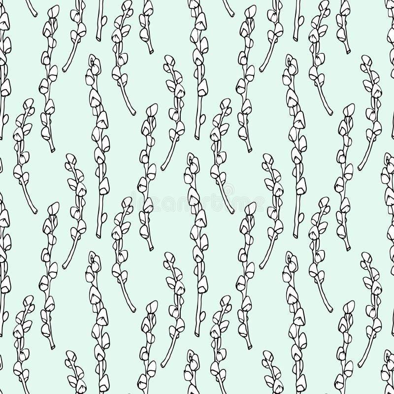 Easter Catkins Spring Branch Seamless Pattern Willow Ink Hand Drawn Branch for Design of Textile ...