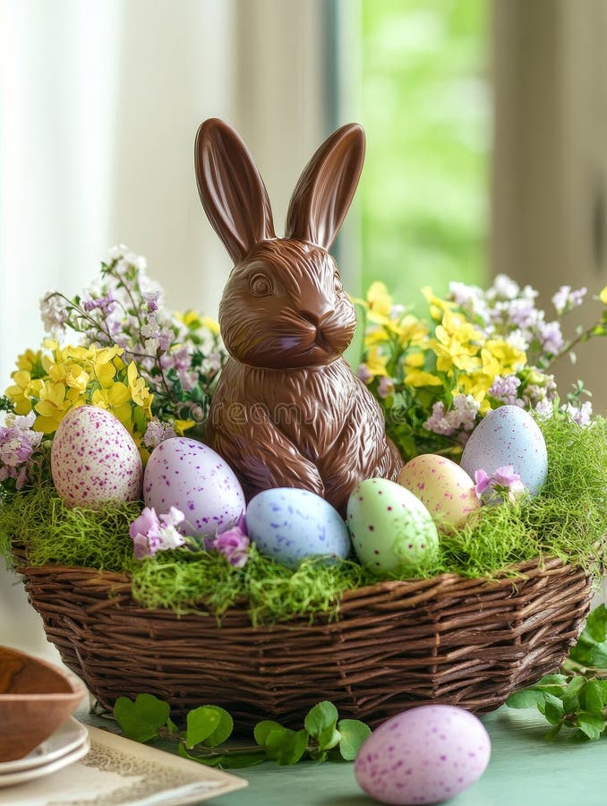 Easter Celebration with Chocolate Bunny and Colorful Decorated Eggs in ...