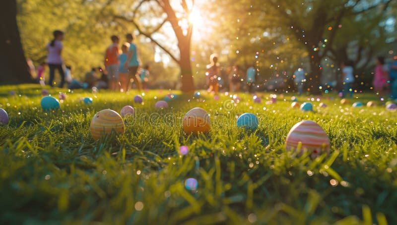 Easter Celebration with Colorful Eggs and Playful Children Stock ...