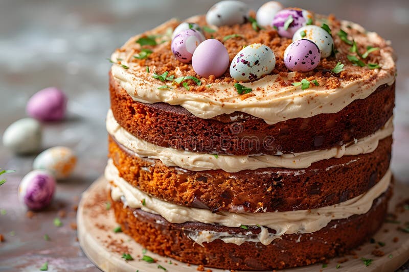 Easter Celebration Layer Cake with Cream Layers and Colorful Speckled Eggs for Spring Holiday ...