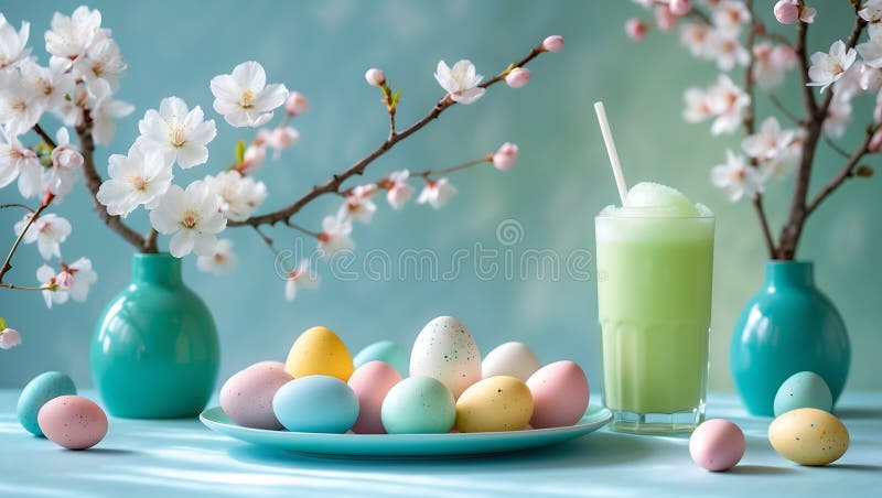 Easter Celebration with Pastel Eggs Cherry Blossoms and a Refreshing ...